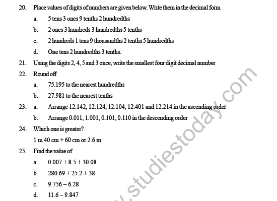 CBSE Class 6 Maths Decimals Question Bank CBSE Class 6 Maths Decimals Question Bank